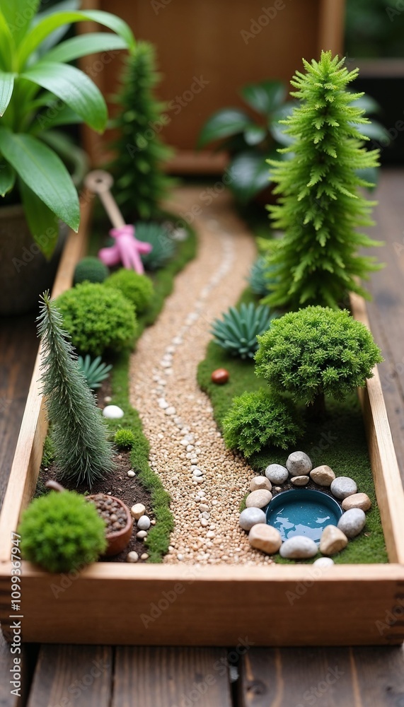 Tabletop miniature garden scene in a large wooden box with gravel paths ...
