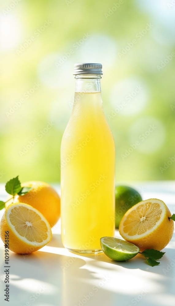 Vibrant lemon-lime drink in a clear bottle surrounded by whole and ...