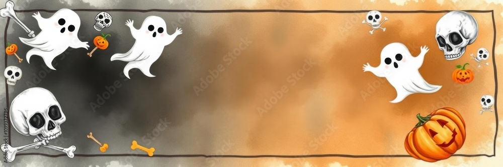 Watercolor hand painted spooky Halloween border with skulls, bones, and ...