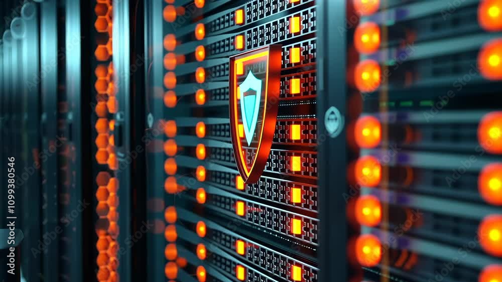 Hightech data center server room with dynamic security interfaces and ...