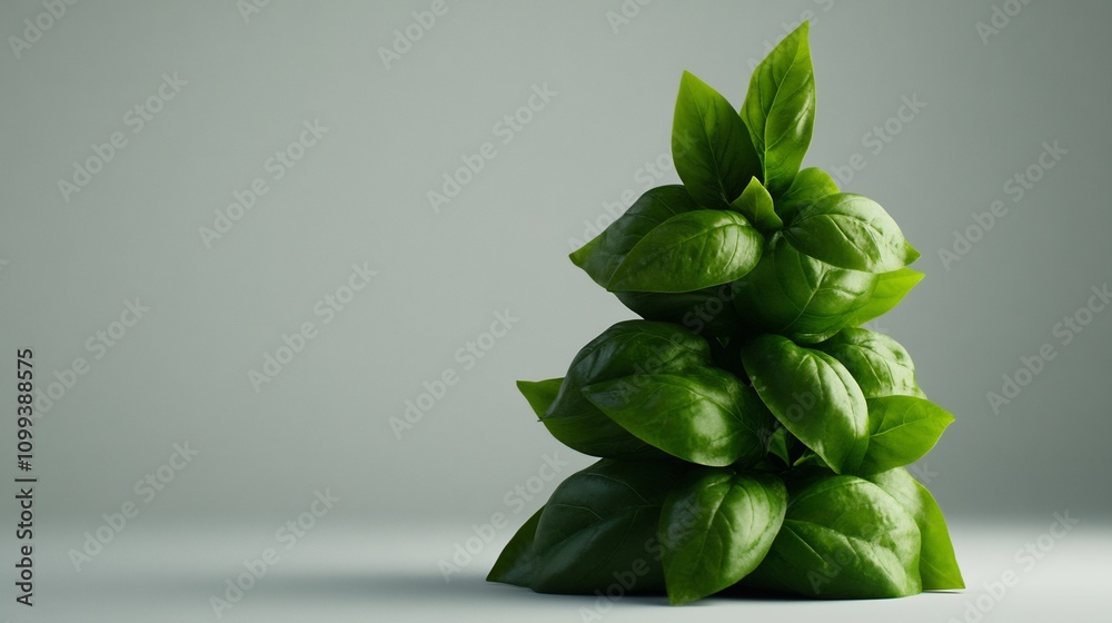 Fresh basil leaves stacked in a pyramid shape against a light grey ...