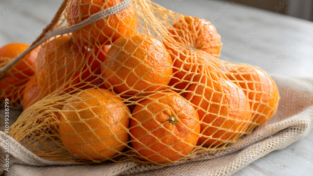 Fresh oranges stacked in net bag, showcasing vibrant colors and ...