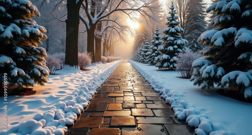 Brown stone pathway surrounded by winter trees, viewed from above close ...