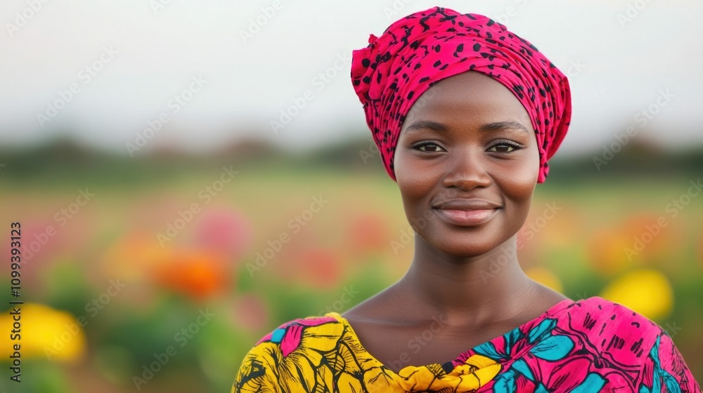Smiling African woman in a vibrant colorful headwrap standing in a ...