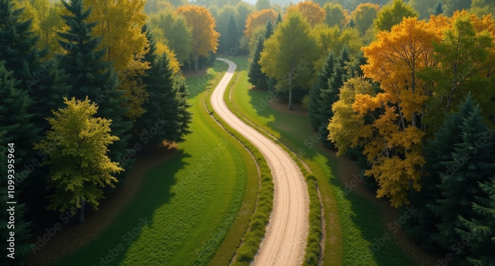 One green sand trail surrounded by fall trees, viewed from high above ...