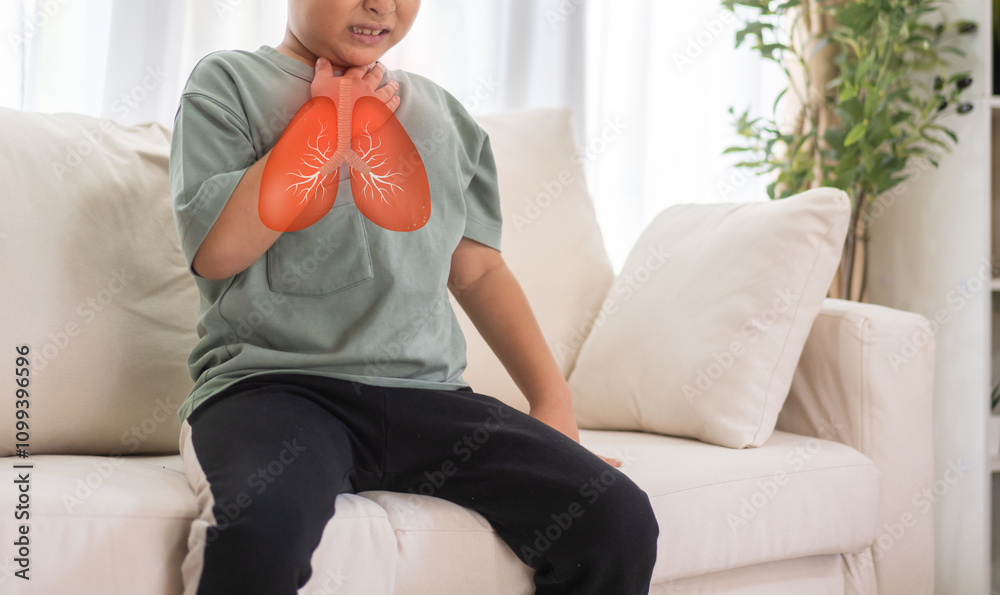 Sick asian boy touching neck unwell coughing with sore throat pain,lung ...