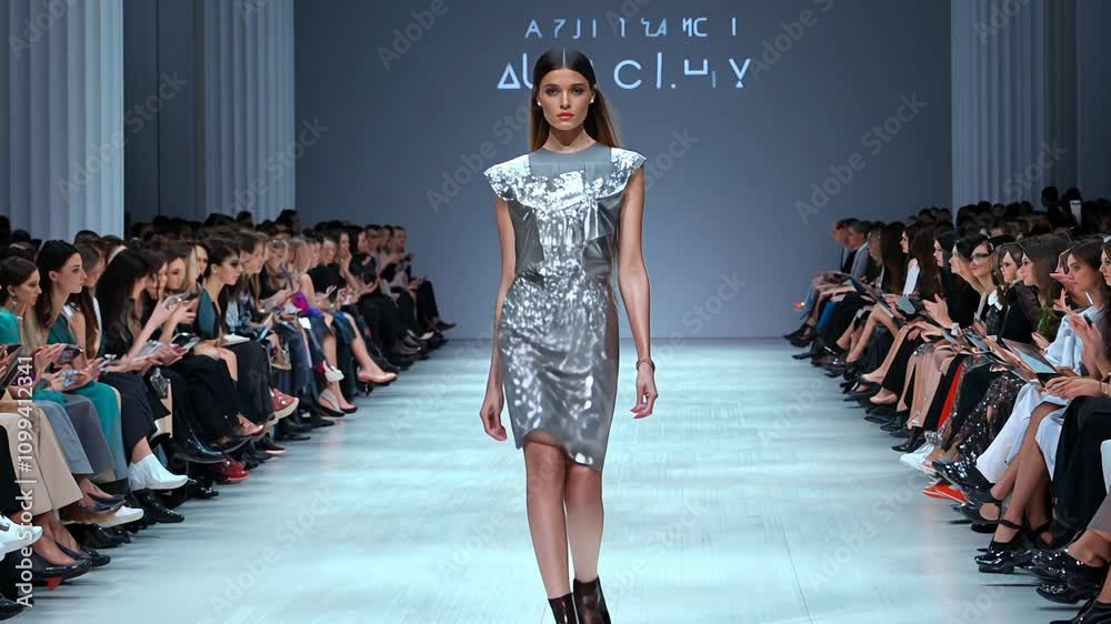 gentle zoom video of a fashion show with models in metallic outfits ...