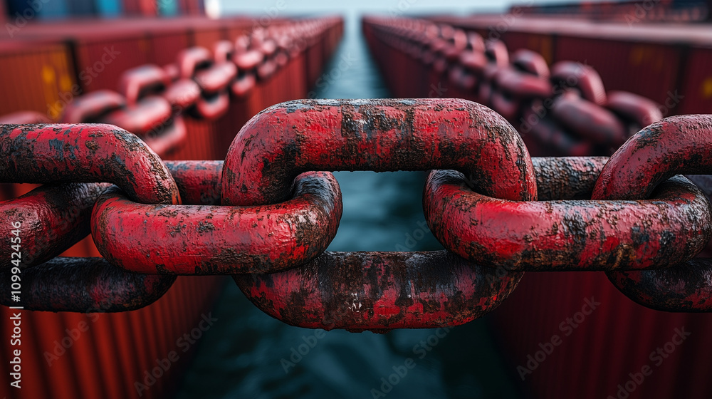 Rusty Chain of Shipping Containers: A close-up of a weathered red chain ...