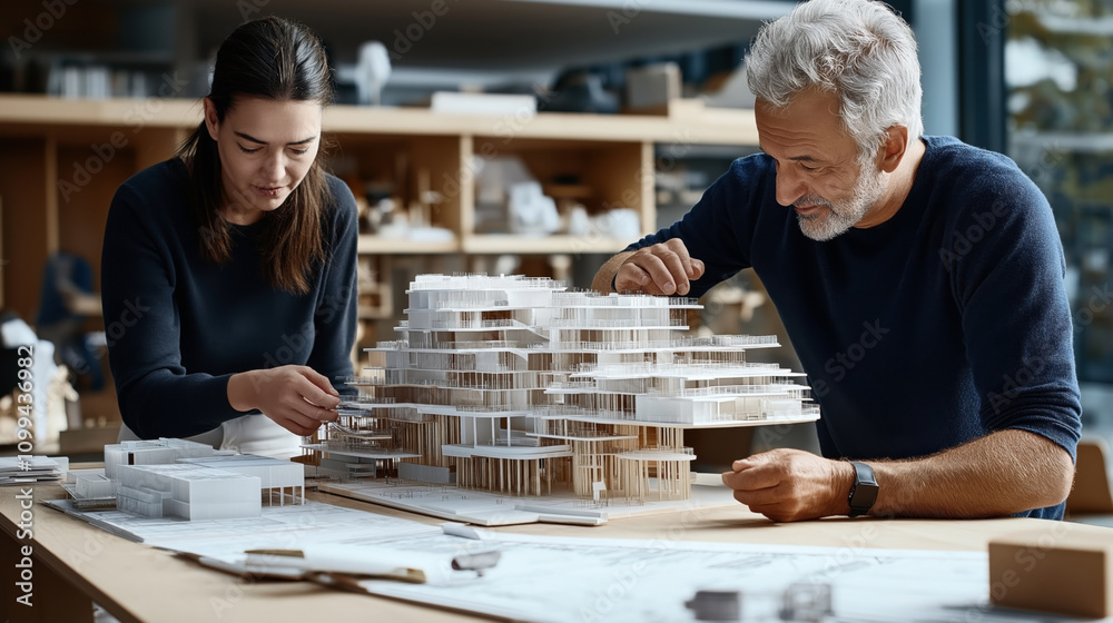 Two architects collaborating on a detailed architectural model ...