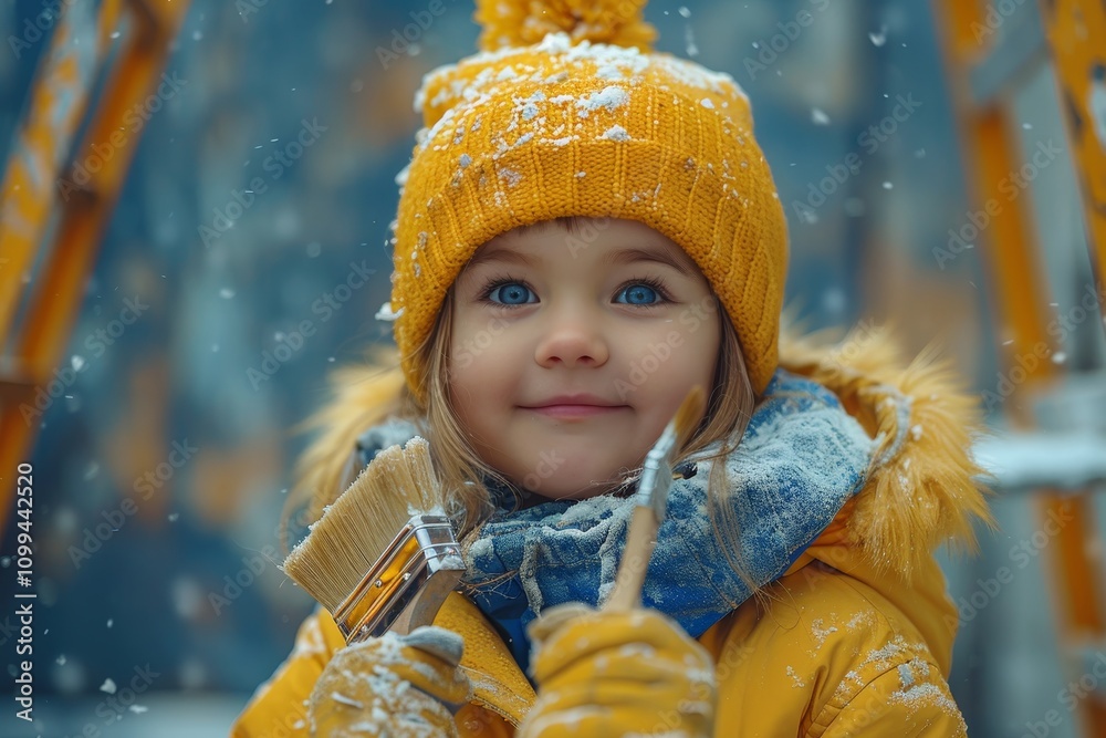 Adorable decorator with brush and stepladder celebrating opposite day ...