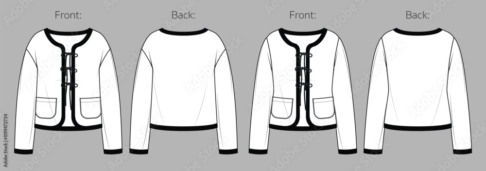 Vector long sleeved boucle jacket fashion CAD, woman tweed cardigan ...