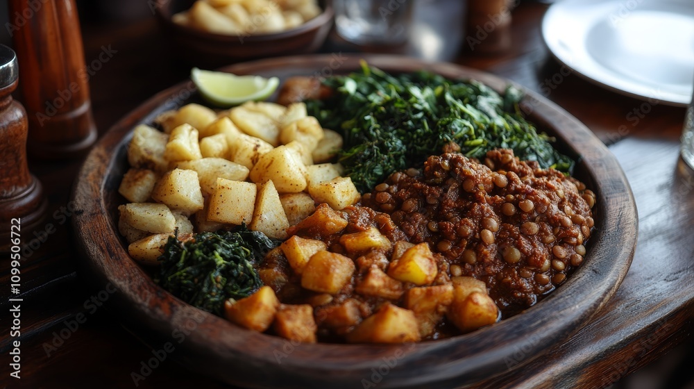 Ethiopian injera platter with spiced lentil stews restaurant food ...