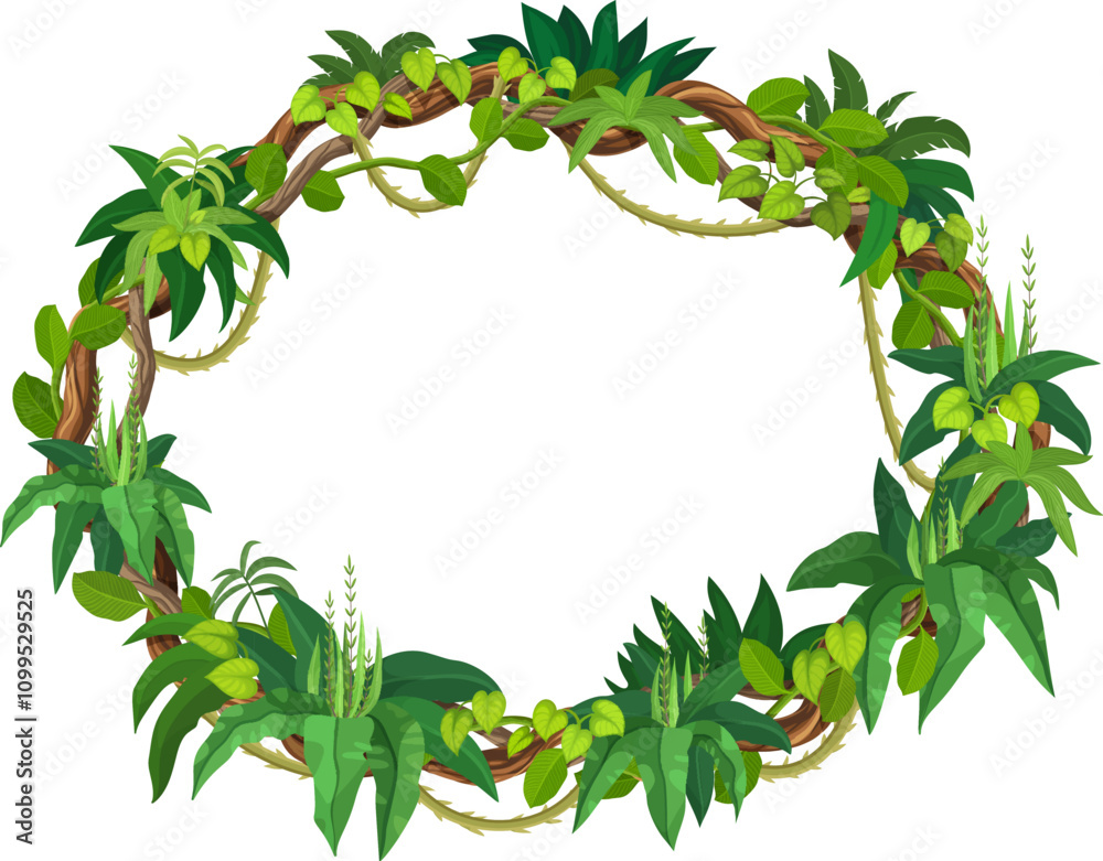 Tropical jungle frame, rain forest liana branches and leaves. Cartoon ...