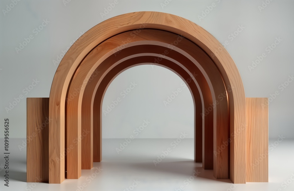 Elegant wooden arch structure stands against light gray background ...