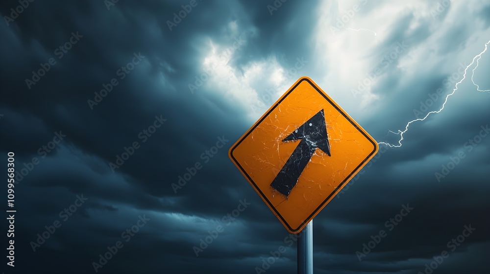 A broken road sign, tilted in a gusty storm, black clouds swirling ...