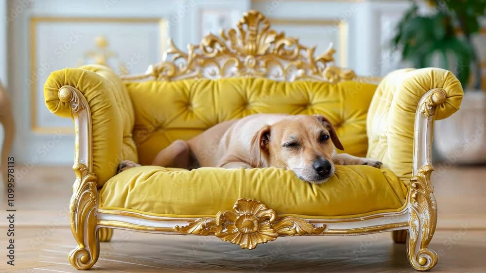 A relaxed dog lounges on a luxurious golden sofa, symbolizing opulence ...