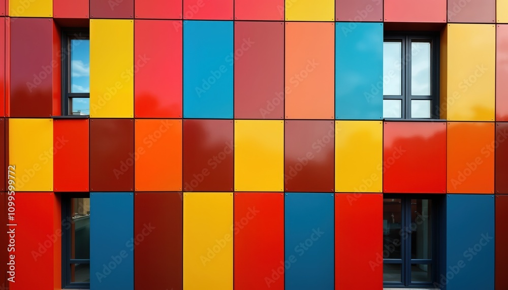 Colorful facade of building with vibrant panels. Modern architectural ...