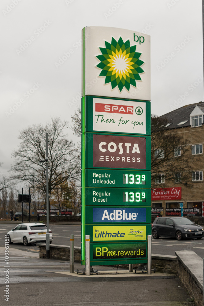 Sign outside BP service station includes logos of Spar, Costa Express ...