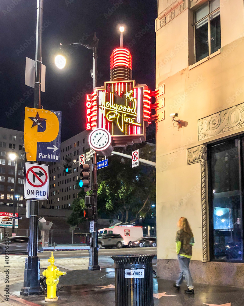 Los Angeles, CA - USA: Corner of Hollywood and Vine at night with ...