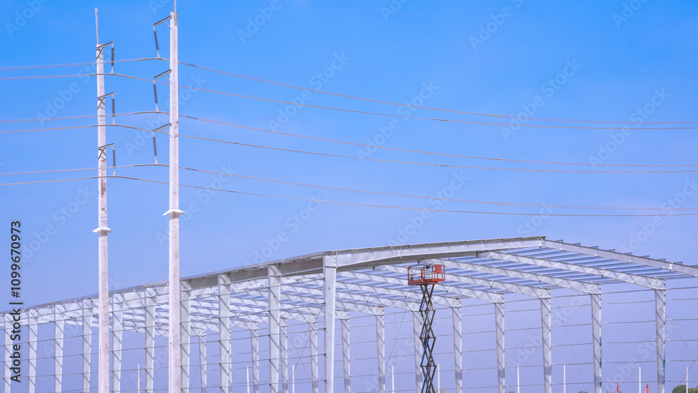 Metal framework structure of large factory building in under ...
