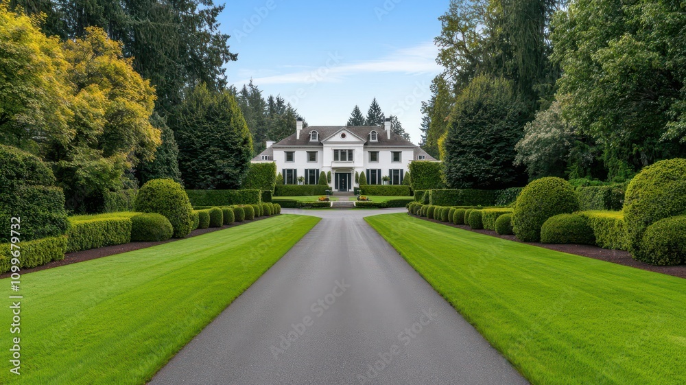 Grand manor house on a hill, with manicured gardens and a long driveway ...