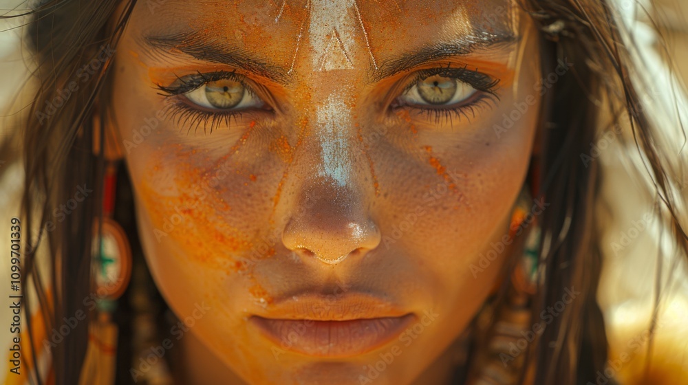 Indigenous Peoples' Day. A close-up shot of a powwow dancer's face ...