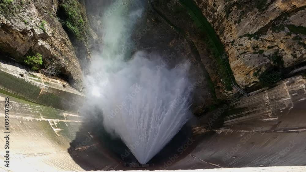 Dam releasing water. Slow motion overhead view of water outlet from the ...