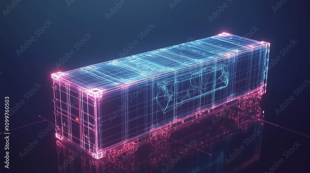 Abstract X-ray scanner analyzing freight containers, displaying glowing ...