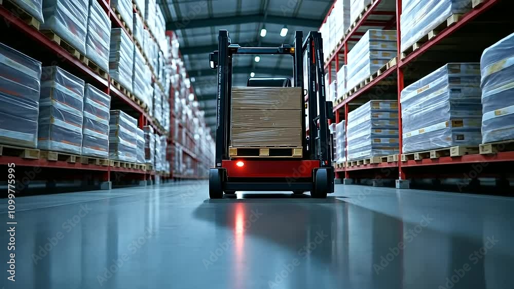 A modern grocery warehouse filled with neatly stacked pallets; a single ...
