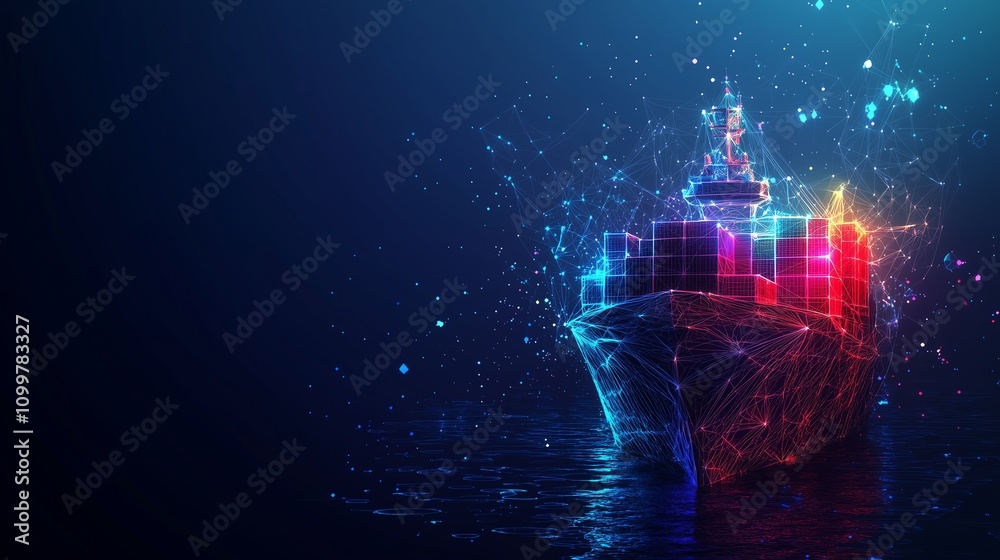 Abstract illustration of a cargo ship with dark blue background ...