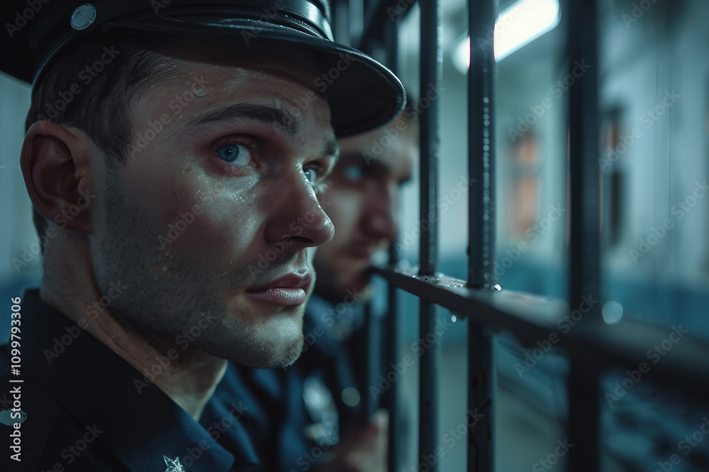 Generative AI Image of Policeman Working in Prison Near Jail Bars ...