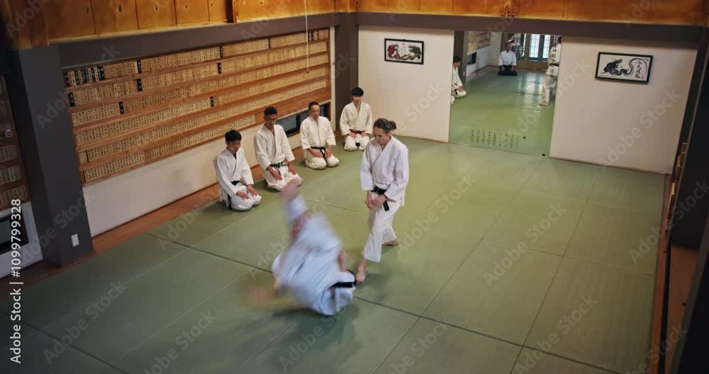 People, students and bow in training for karate, kung fu and practice ...