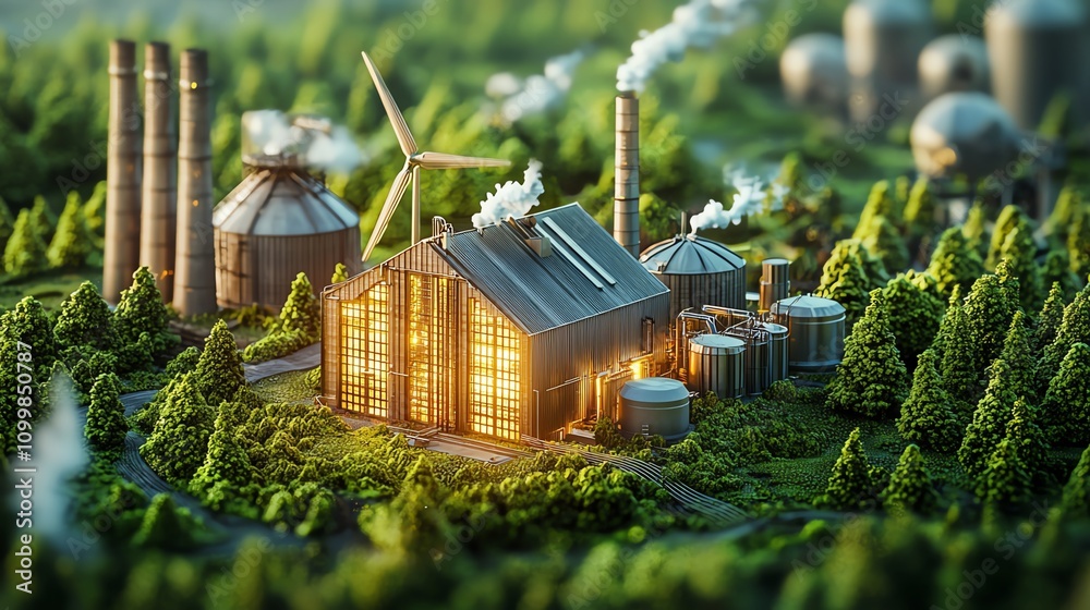 Biomass energy plant with net zero carbon diagram, 3D illustration ...