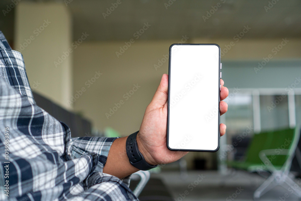 Hand holding handphone with blank white screen. Man holding smartphone ...
