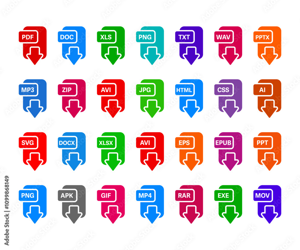 File download icons. File format extensions PDF, JPG, PNG, XLSX, MP4 ...