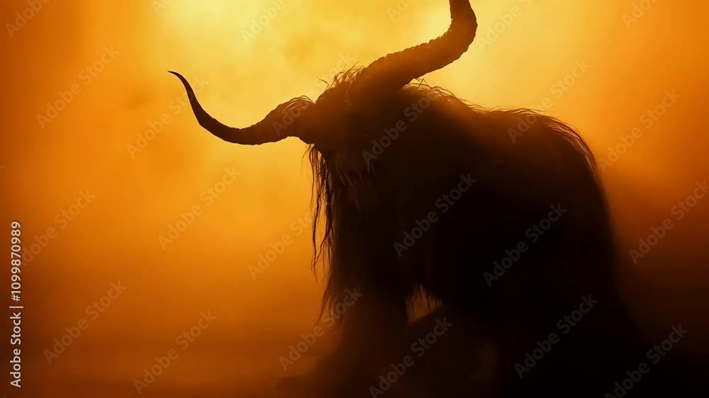 Krampus with goat horns against night dark background with fire and ...