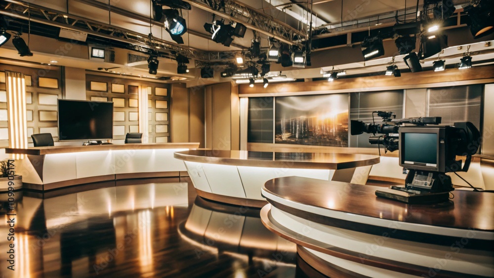 "Empty news anchor studio with a modern setup, featuring an empty desk ...