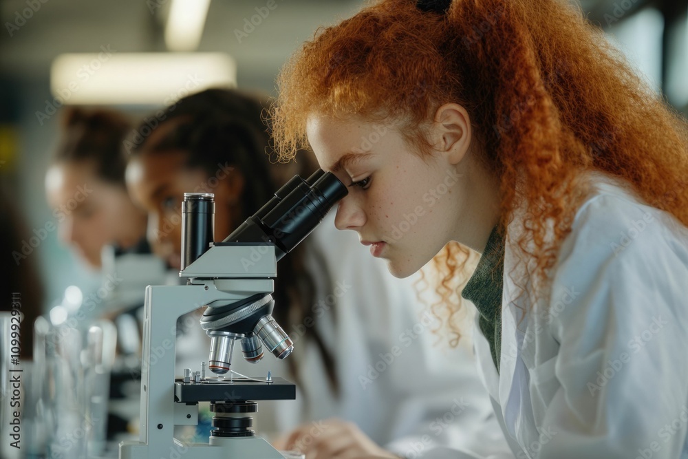 Group of college students performing experiment using microscope in science lab. University ...