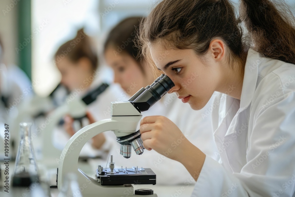 Group of college students performing experiment using microscope in ...