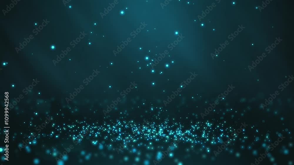 Teal particles twirling on the ground and flying in the air with light ...