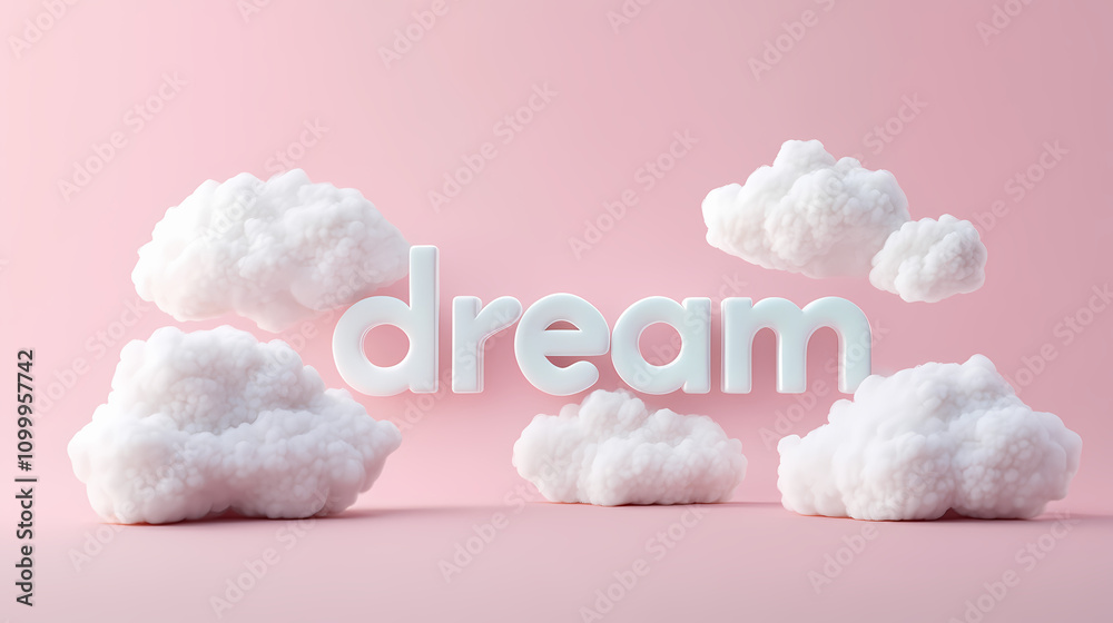 Poster The word "dream" crafted from fluffy clouds, floating in a 3d ...