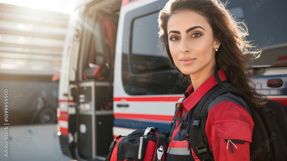 A young woman in a red and black uniform likely an EMT or paramedic ...