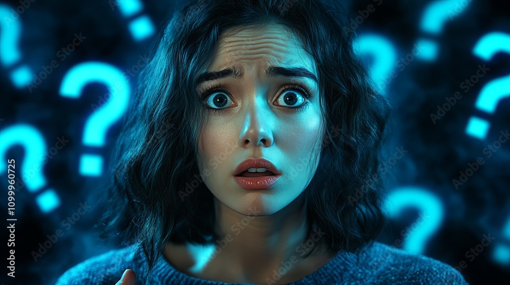 A scared young woman with curly dark hair looks astonished, against a ...