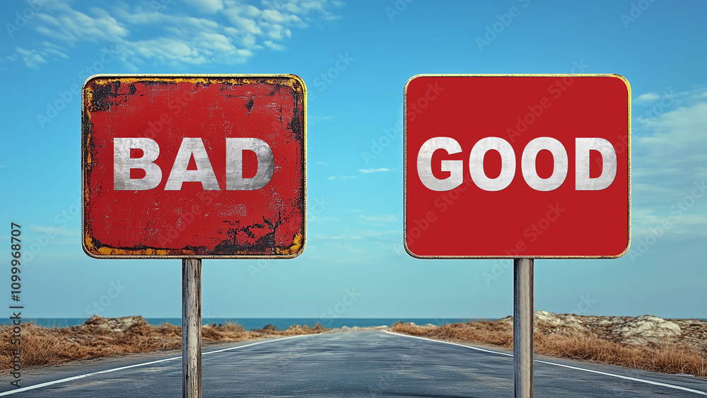 Good and bad concept. Two road signs. The “Good” sign has a sleek ...