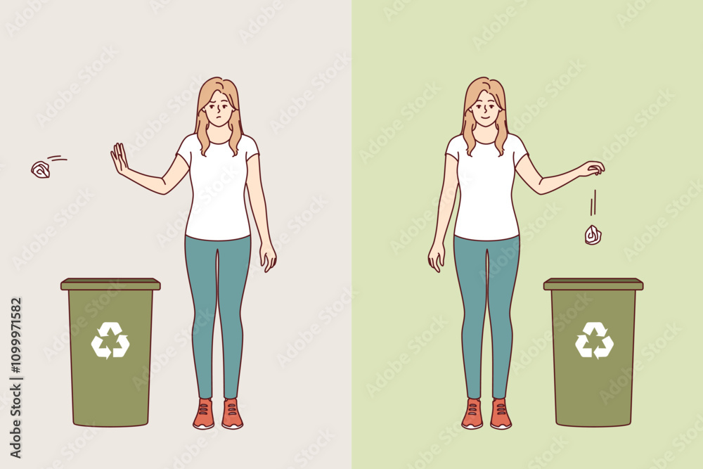 Woman throws trash into paper recycling bin, demonstrating correct way ...