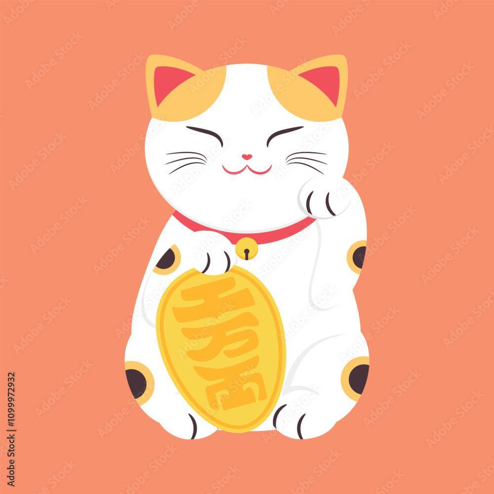 Japanese Maneki neko flat cartoon illustration. Lucky cat with a raised left paw. Symbol of ...
