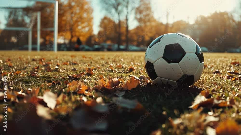 Black and white round football ball on an autumnal empty stadium/soccer ...