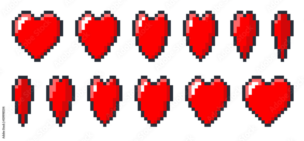 Pixel red heart rotation animation. Frames sequence with 8 bit game ...
