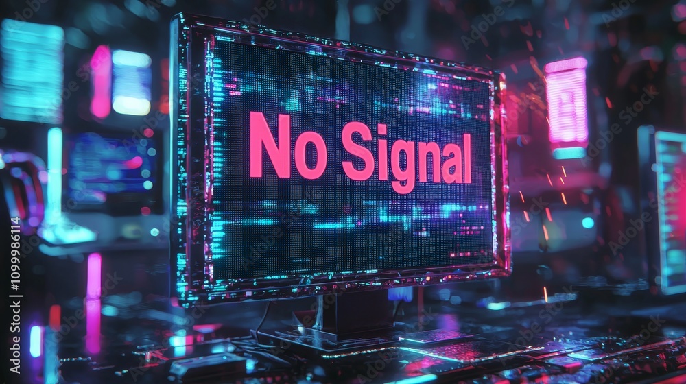 Digital disruption no signal alert on futuristic monitor tech ...