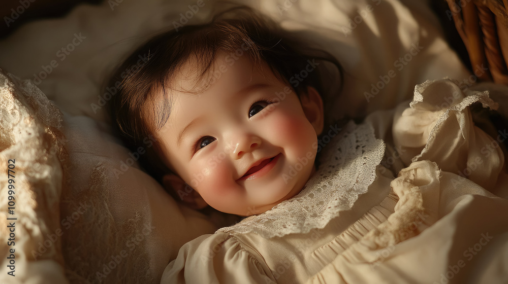 little cute smiling korean baby lying in crib, infant in cradle, asian ...